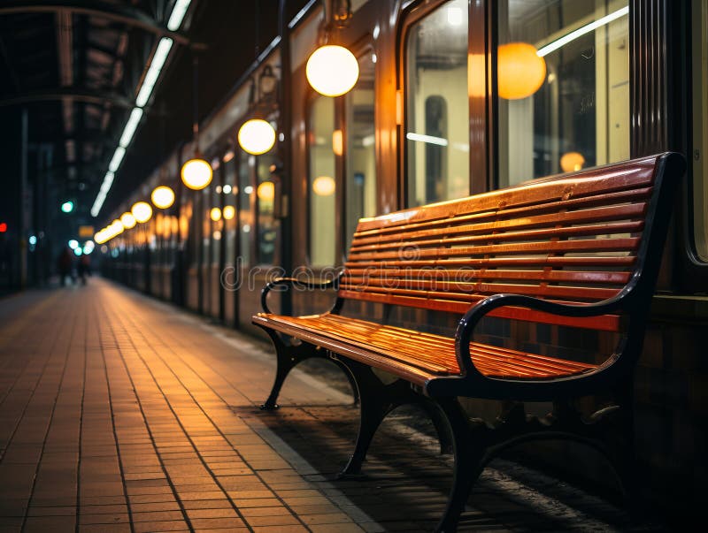 A Bench Sitting on a Train Platform at Night Stock Illustration ...