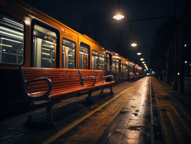 A Bench Sitting on a Train Platform at Night Stock Illustration ...