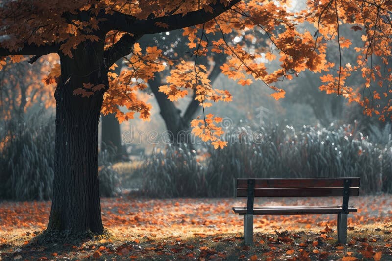 A Bench is Sitting Under a Tree with Leaves on the Ground Stock Image ...
