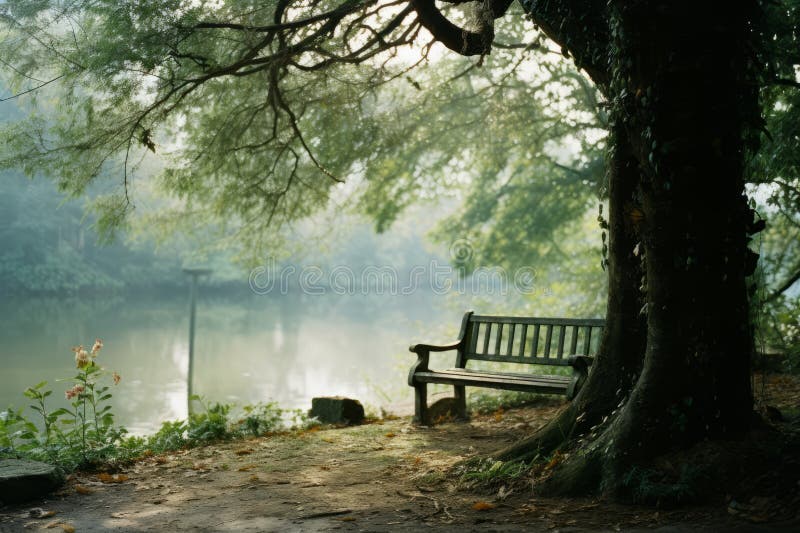 A Bench Sitting Under a Tree Next To a River Stock Illustration ...