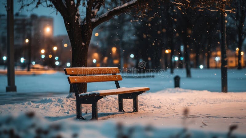 A Bench in the Snow Next To a Tree at Night, AI Stock Image - Image of ...