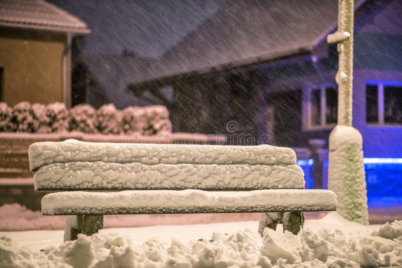 Bench with Snow in Snow Calamity, Night Photo Stock Image - Image of ...