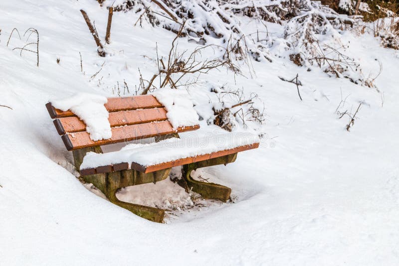 Bench in the snow stock photo. Image of snowy, wooden - 84392956