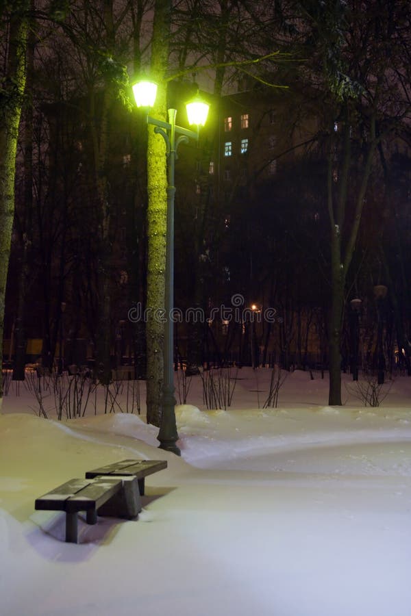 Bench In A Snowy Park At Night Picture. Image: 3427753