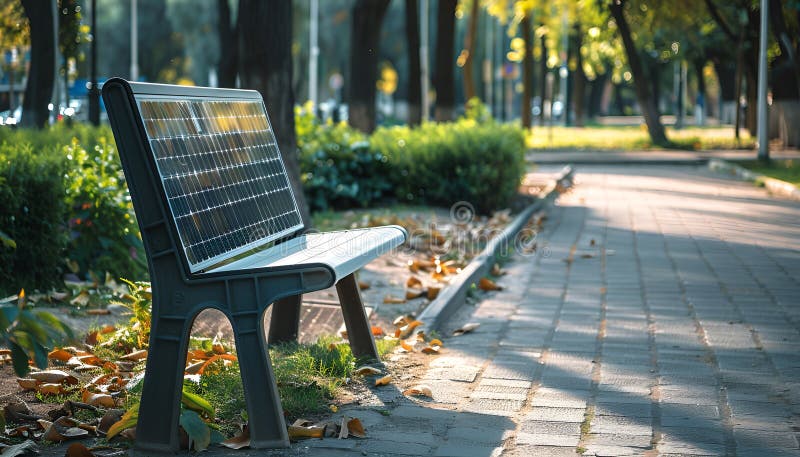 Bench with Solar Panel on Street Stock Photo - Image of ecology ...