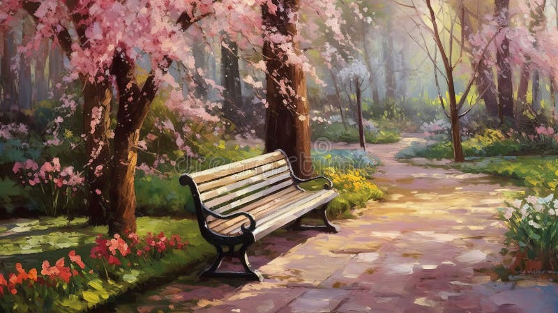 Bench in Spring Park. Generative AI Stock Illustration - Illustration ...