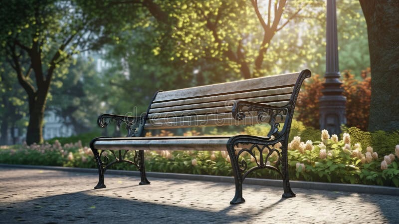 Bench in Spring Park. Generative AI Stock Illustration - Illustration ...