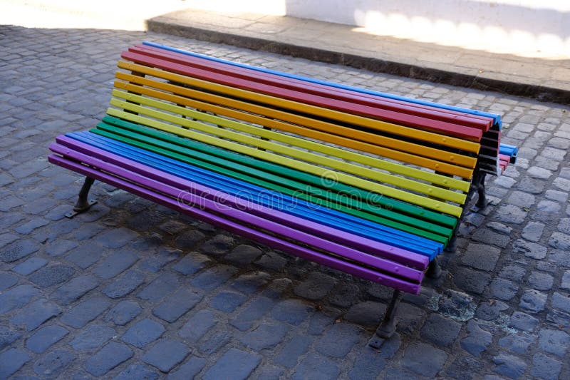 Bench in the Street Painted in Rainbow Colors Stock Image - Image of ...