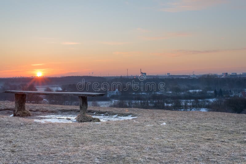 Bench overlooking sunrise stock image. Image of snow - 33632889