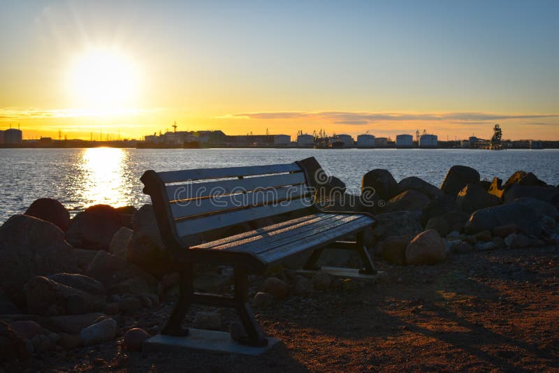 Bench at Sunrise by the Water Stock Image - Image of sunrise, ventspils ...