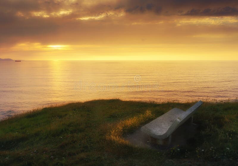 Bench at Sunset with View of Azkorri Beach in Getxo Stock Image - Image ...