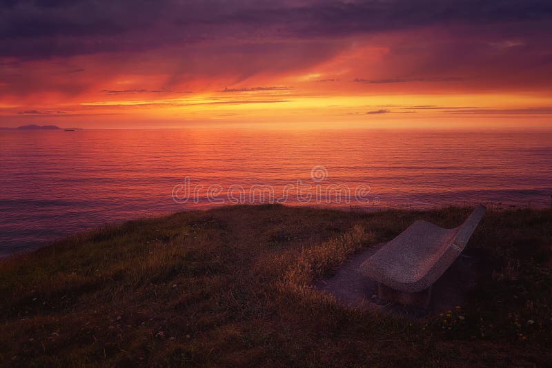 Bench at Sunset with View of Azkorri Beach in Getxo Stock Image - Image ...