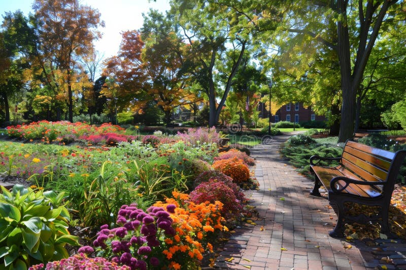 Bench Surrounded by Vibrant Flowers in a Park Setting, Highlight the ...
