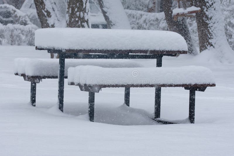 Bench and Table in the Snow in the Park Stock Image - Image of bench ...