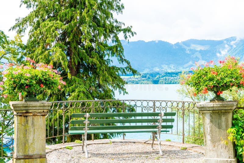 Bench with Thun Lake Background in Switzerland Stock Image - Image of ...