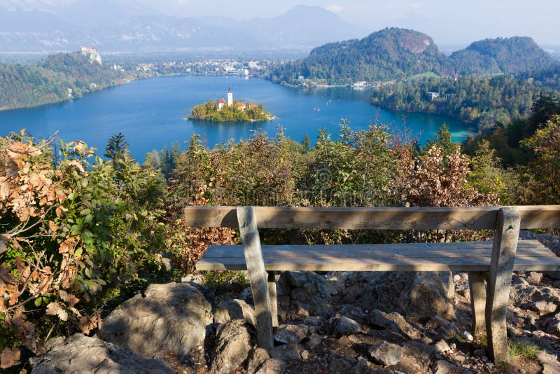 Bench on the Top, View Point at Bled Lake with Island Church Stock ...