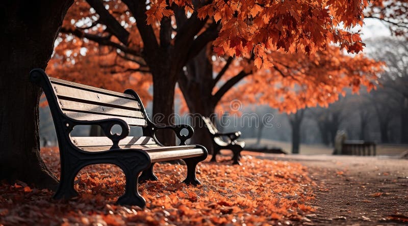 The Bench is on a Tree with Fallen Leaves. an Empty Park Bench Under an ...