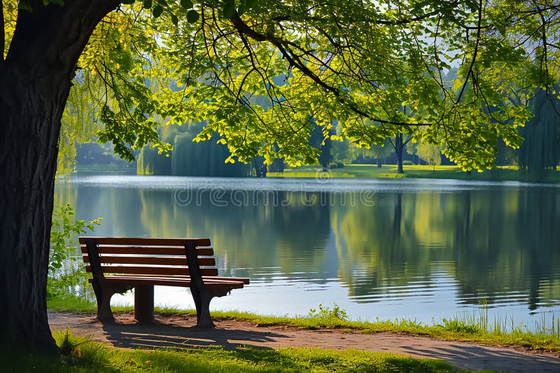 A Bench and Tree in Front of Lake View Stock Photo - Image of front ...