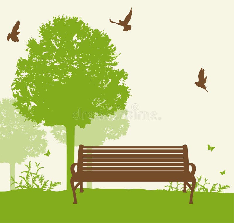 Bird, Park Bench, Green Tree Stock Vector - Illustration of crone ...