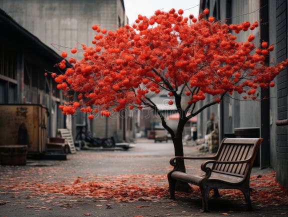 A Bench Under a Red Tree with Leaves on the Ground Stock Illustration ...