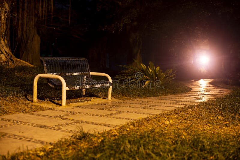 Bench Under Street Lamp in Night Park Stock Photo - Image of brown ...