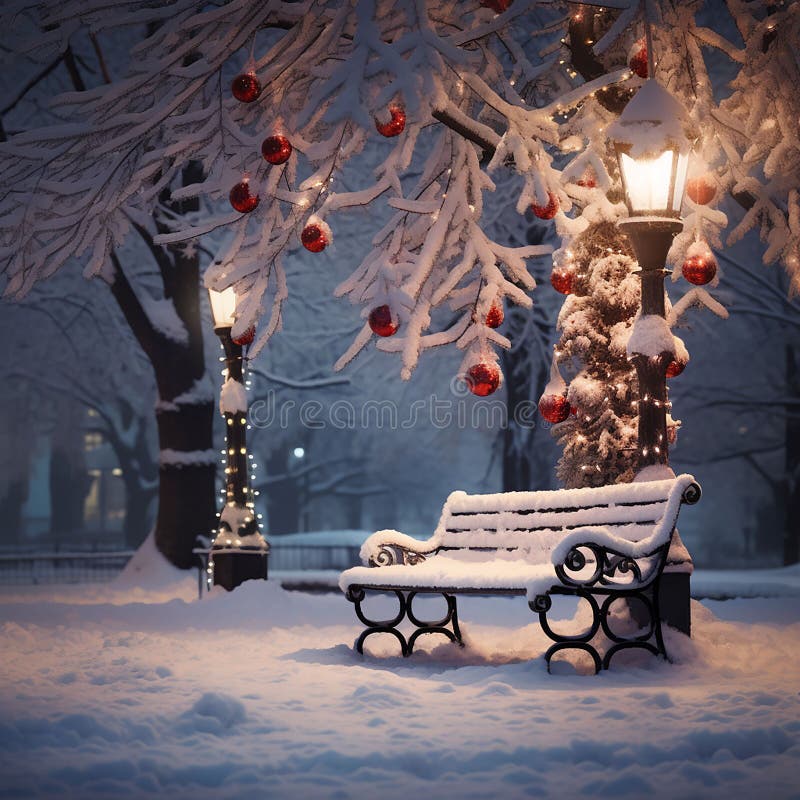 Bench Under Tree Decorated for Christmas Holidays in Winter Park Stock ...