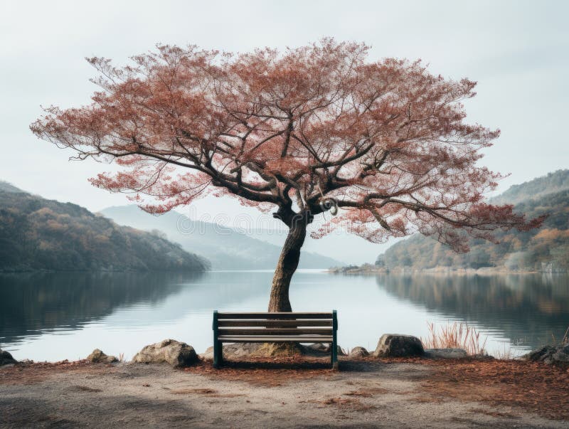 A Bench Under a Tree by a Lake Stock Illustration - Illustration of ...