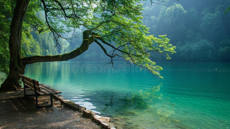 A Bench Under a Tree Overlooking the Water in Front of it, AI Stock ...