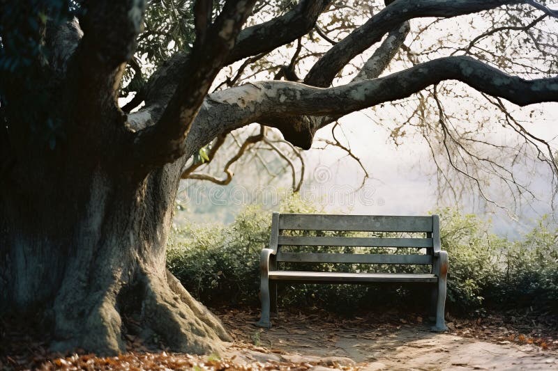 A Bench Under a Tree in a Park Stock Illustration - Illustration of ...
