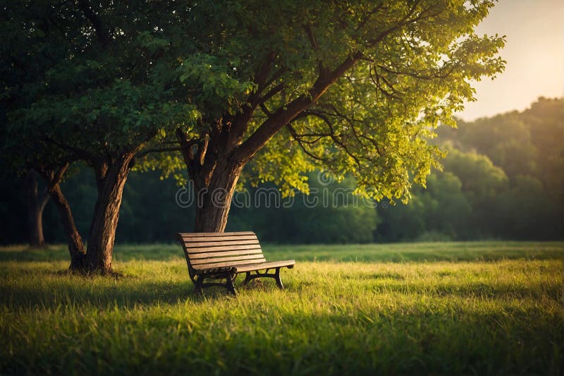 Bench Under the Tree in the Park at Sunset Summer Landscape Stock ...