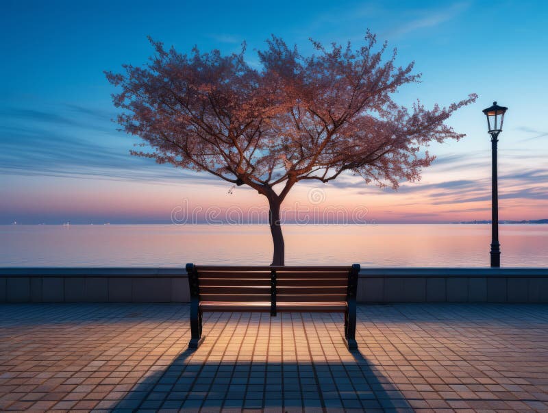 A Bench Under a Tree at Sunset Stock Illustration - Illustration of ...