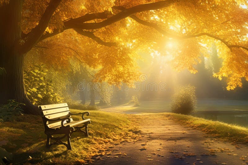 A Bench Under a Yellow Tree by a Path in Tranquil Autumn Park Lit by ...