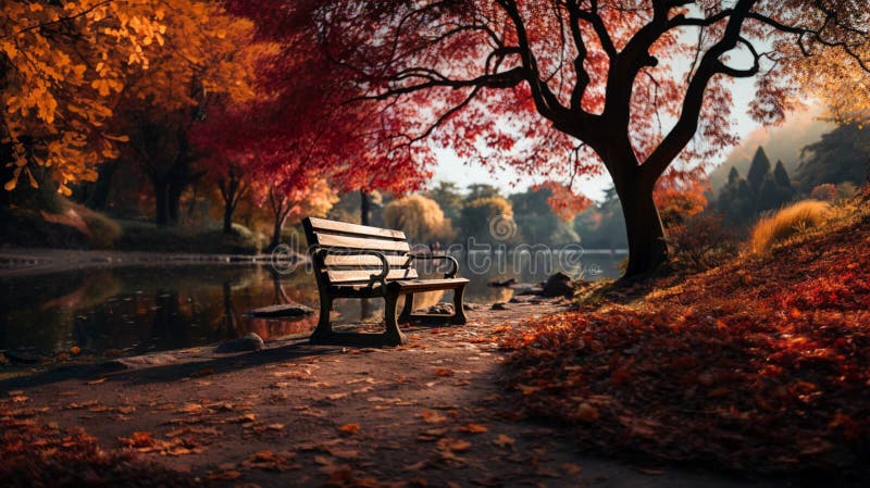 A Bench in Variant Autumn Park with Variant Trees and Birds Stock ...