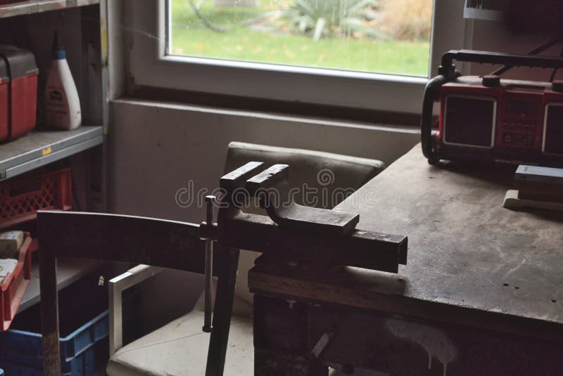 Bench Vice Clamp on Workshop Table Stock Photo - Image of grip ...