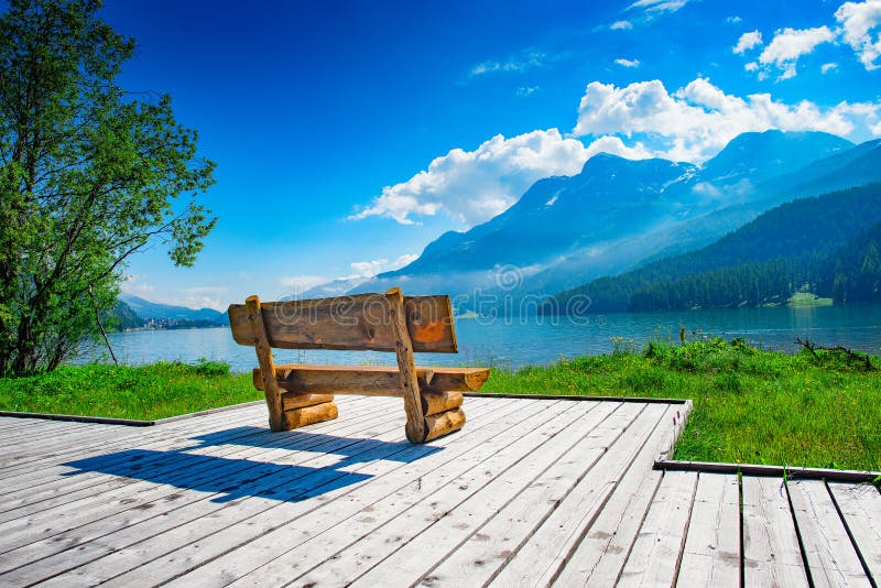 Bench with View of the Mountain Lake Stock Image - Image of lake, alps ...