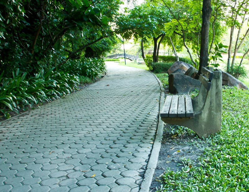 Bench And Walkway In A Public Park Stock Image - Image of public, stone ...