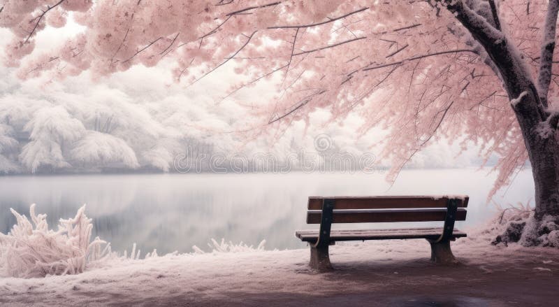 A Bench in Winter by a Lake with Snow, Stock Photo - Image of japan ...