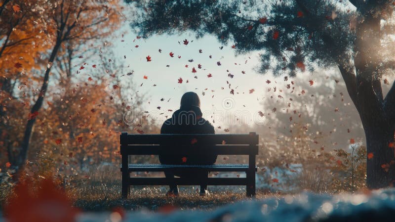 On a Bench, a Woman Sits Alone, with Autumn Leaves Falling All Around ...