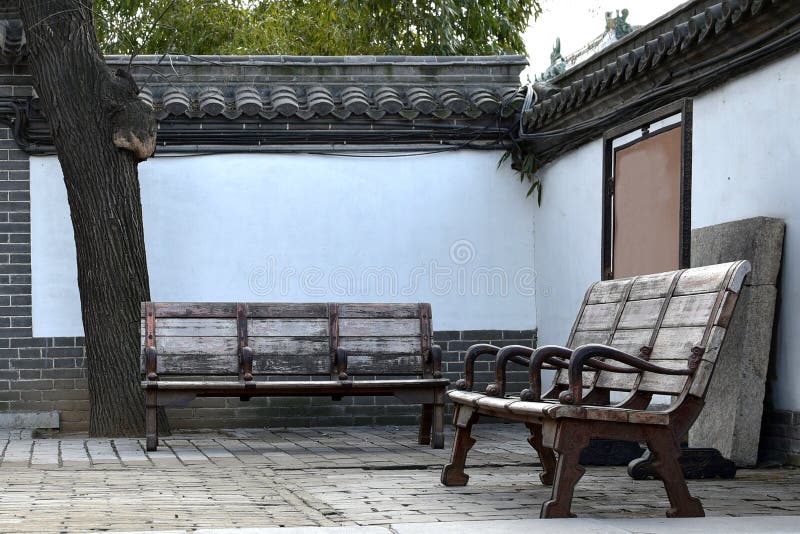 Benches in the courtyard. stock photo. Image of architecture - 87590468