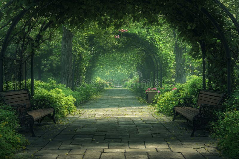 Benches Line a Paved Path in a Shady Park with Dappled Sunlight ...