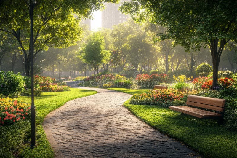 Benches Line a Paved Path in a Shady Park with Dappled Sunlight ...