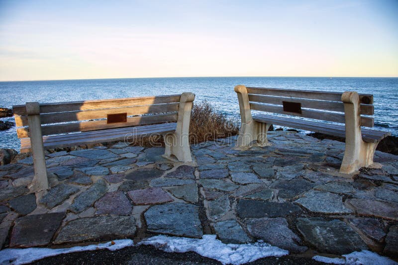 Benches on Marginal Way Path Along the Rocky Coast of Maine in Ogunquit ...