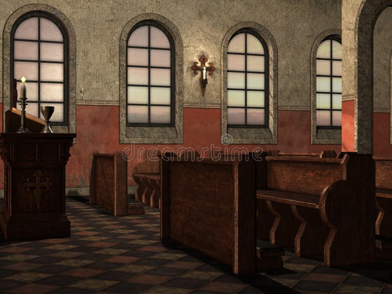 Benches in medieval church stock illustration. Illustration of bench ...