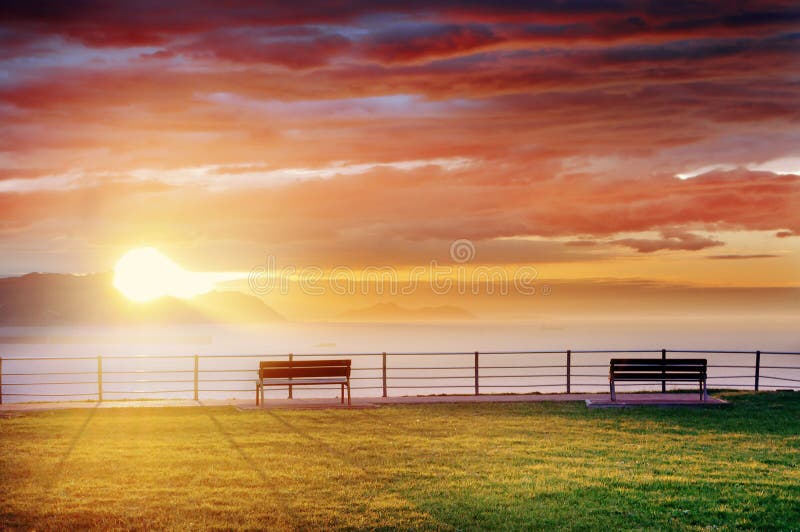 Benches in Park with at Sunset Stock Image - Image of grass, beams ...