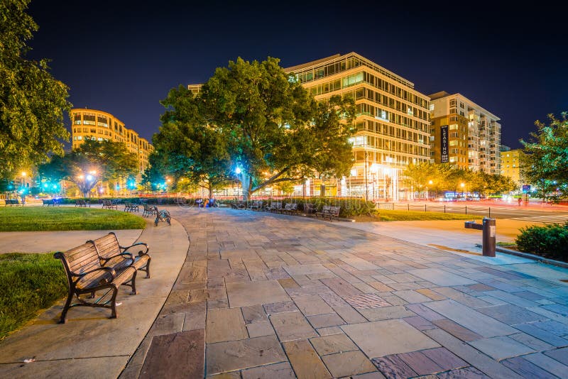 Benches and Walkway at Night, at Washington Circle, in Washington, DC ...