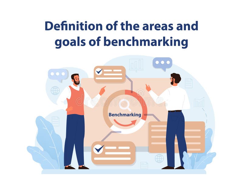 Benchmarking Essentials Vector. Two Professionals Engaging in Strategic ...