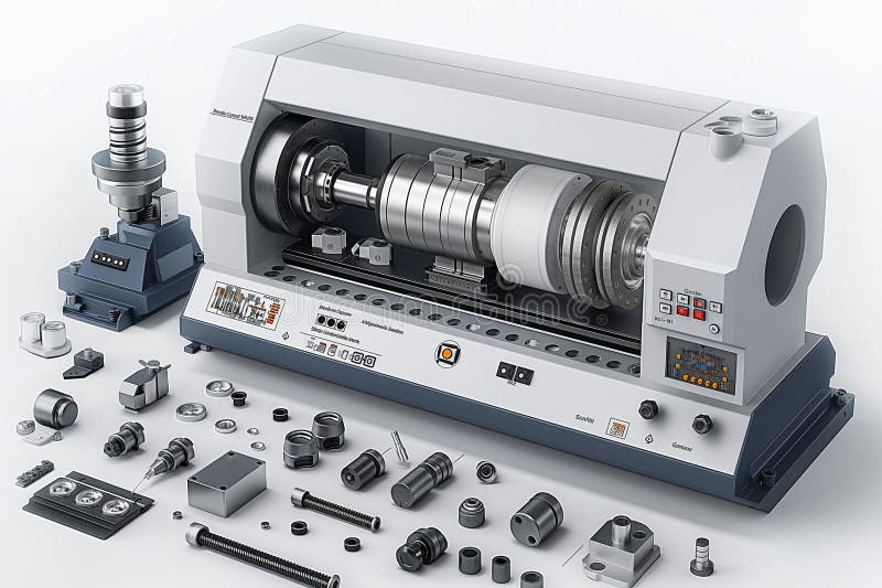 Benchtop CNC Lathe Machine Surrounded by Various Components Such As ...