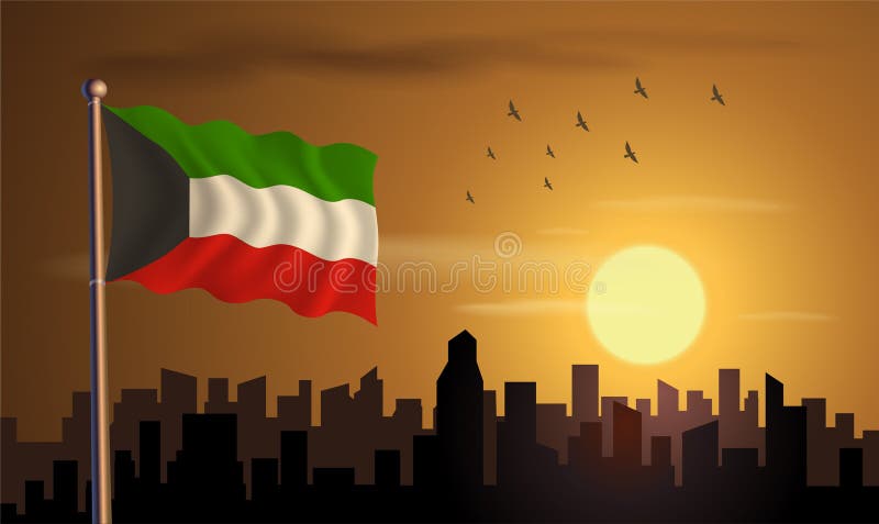 Kuwait Flag with Building Silhouette and Sunset Stock Vector ...