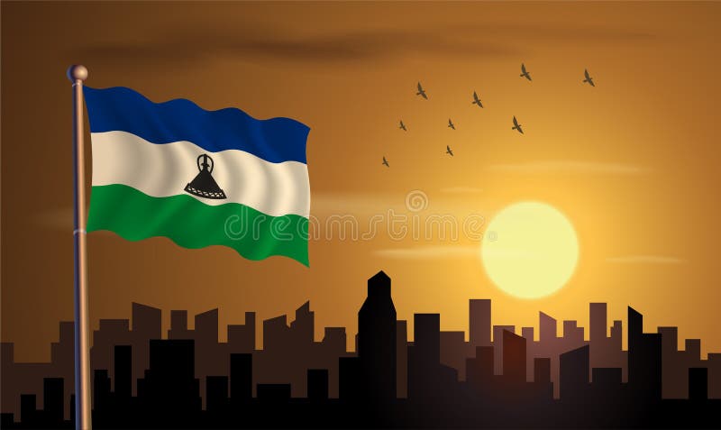Lesotho Flag with Building Silhouette and Sunset Stock Vector ...