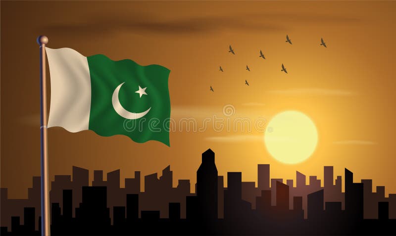 Pakistan Flag with Building Silhouette and Sunset Stock Vector ...